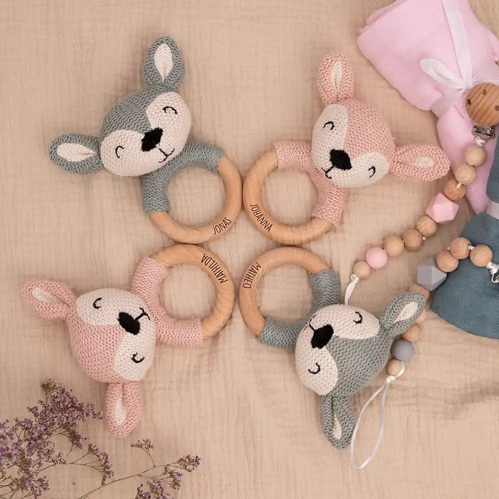 Baby Beißring Holz Hirsch Rosa/Blau 7cm | Zahnen Hilfe