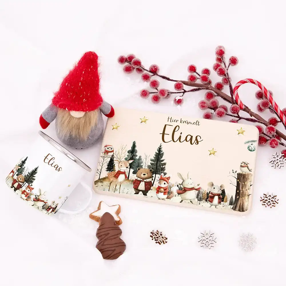 Weihnachts-Set Frühstücksbrettchen + Emaille Tasse - Waldtiere im Wint